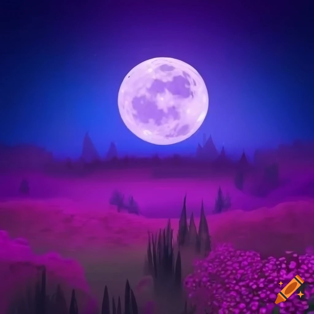 Fantasy landscape with glowing full moon and colorful plants on Craiyon