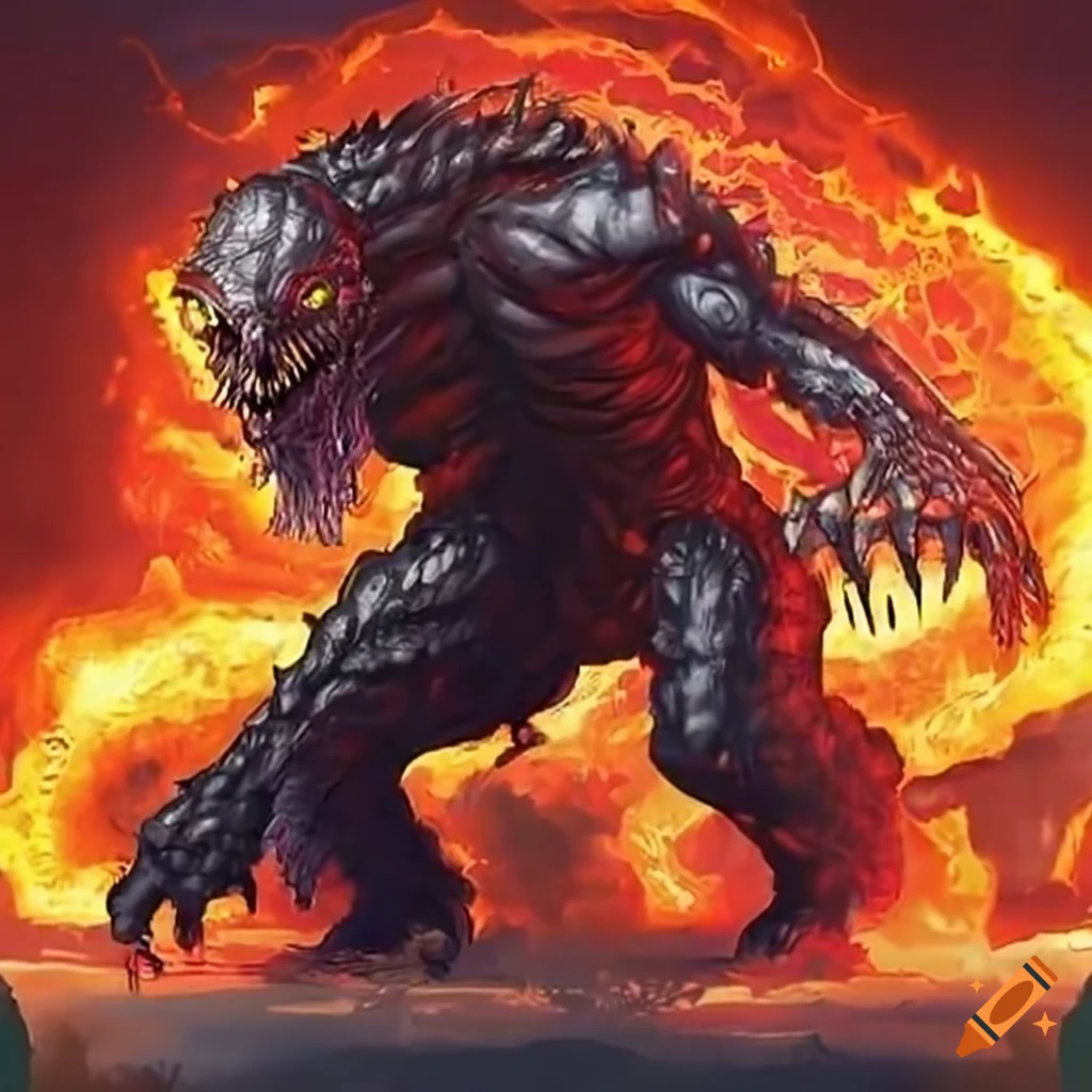 Illustration of a giant fireball war monster on Craiyon