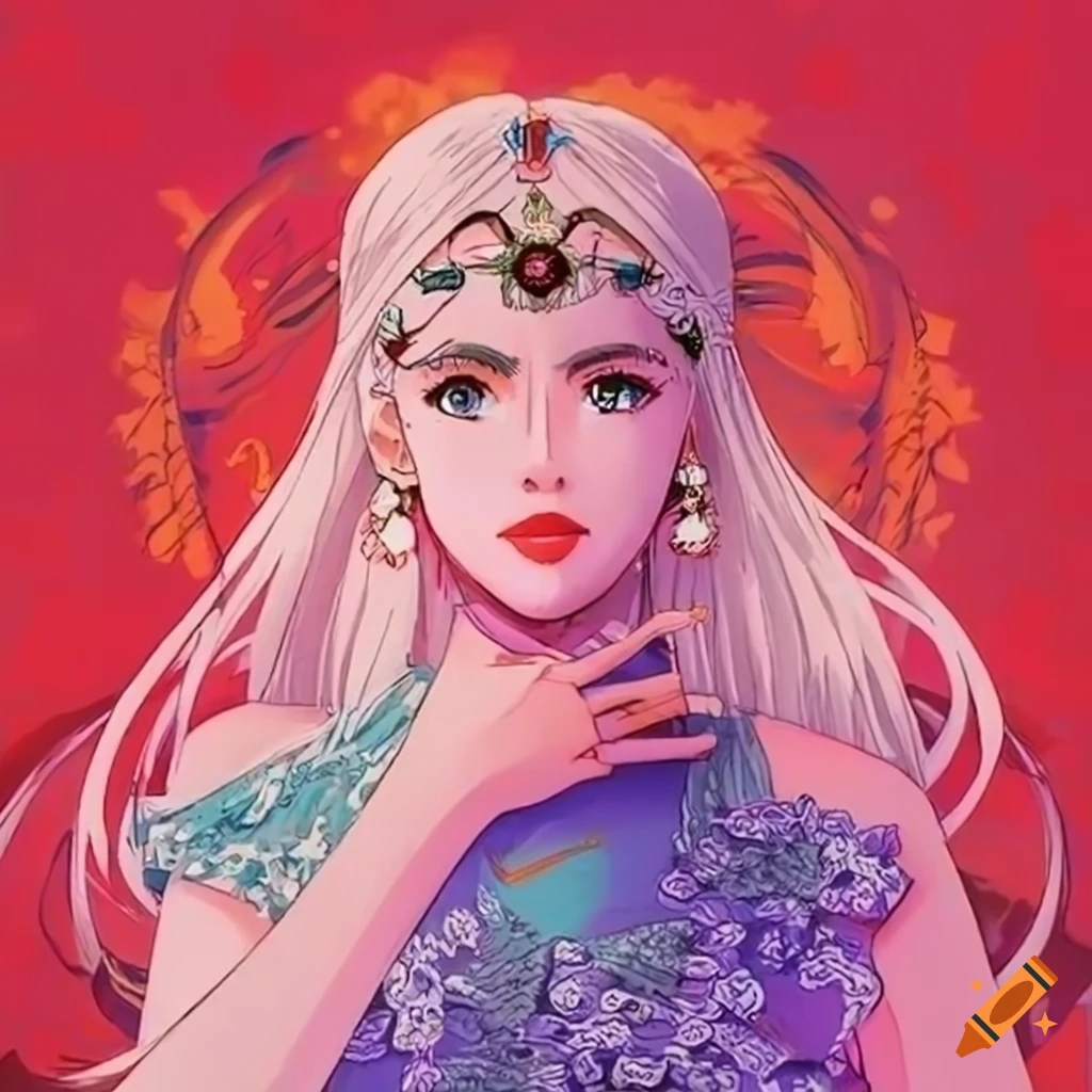 Book cover with abkhazian princess in 80s anime style