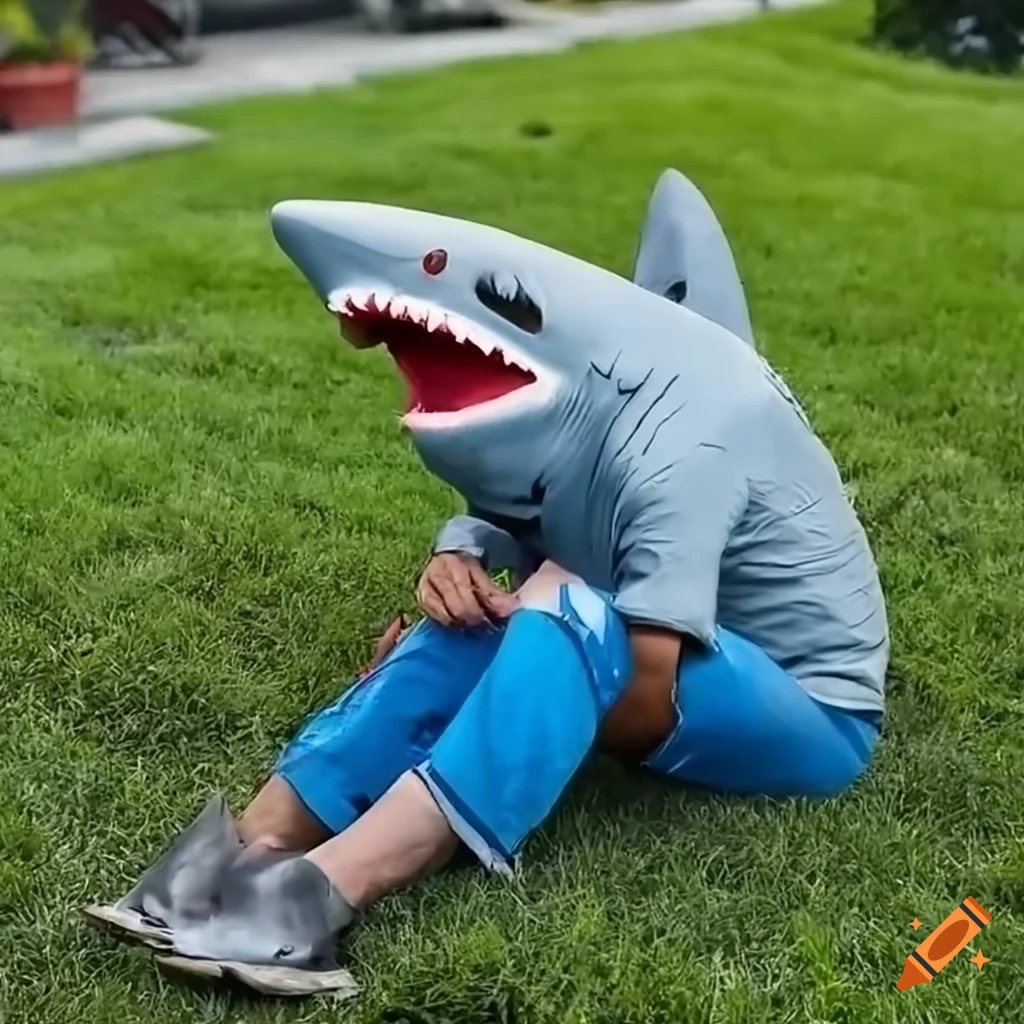 Man in a shark mask sitting in front yard on Craiyon