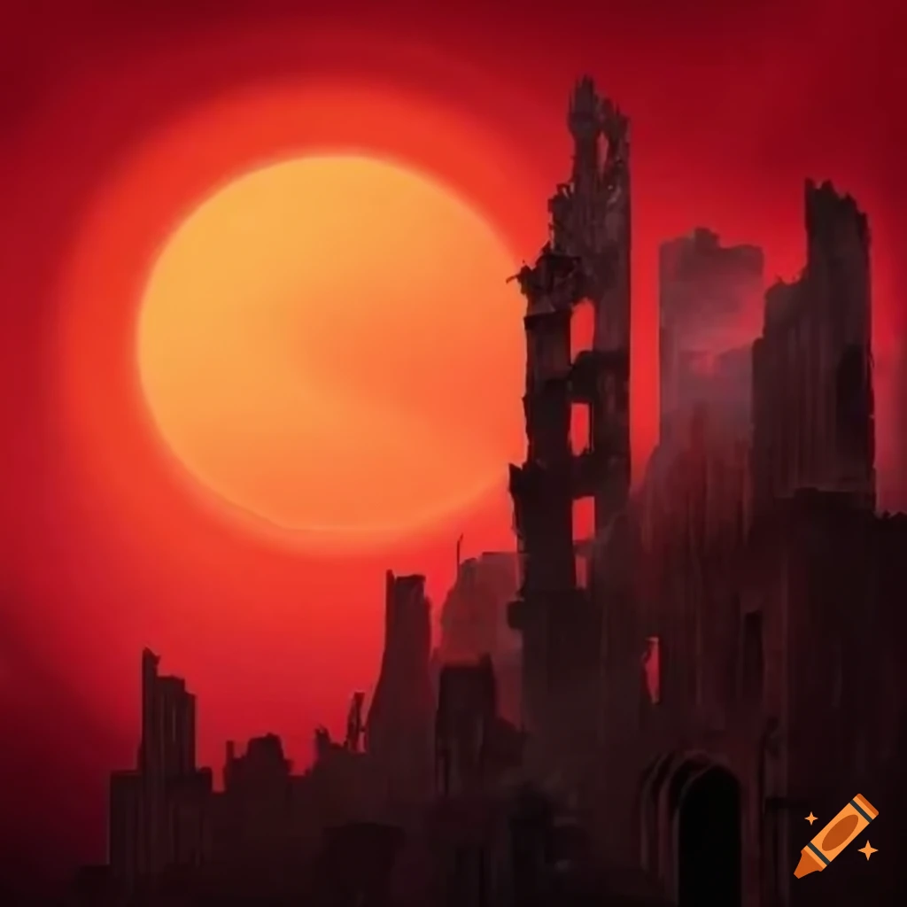 Surreal cityscape with red sky and ruined buildings on Craiyon