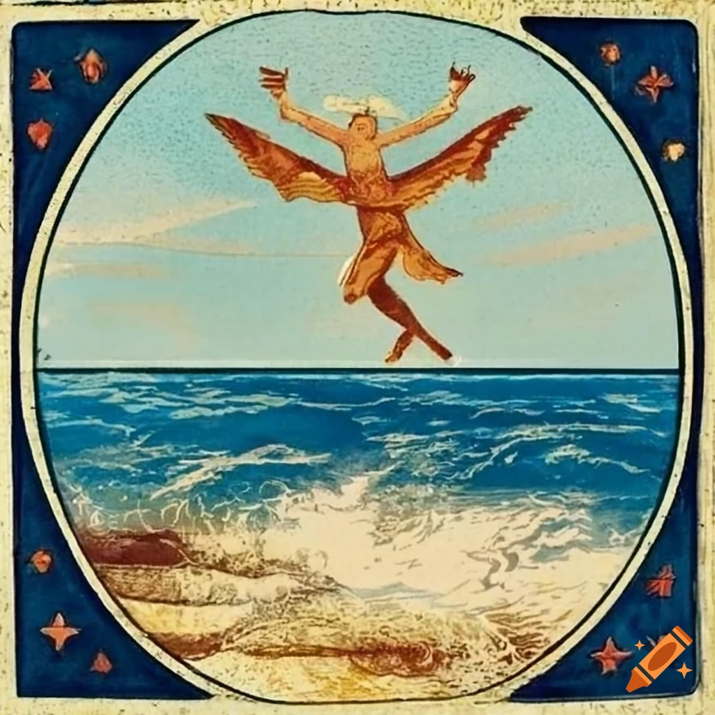 Ancient holy card of a man flying over the ocean