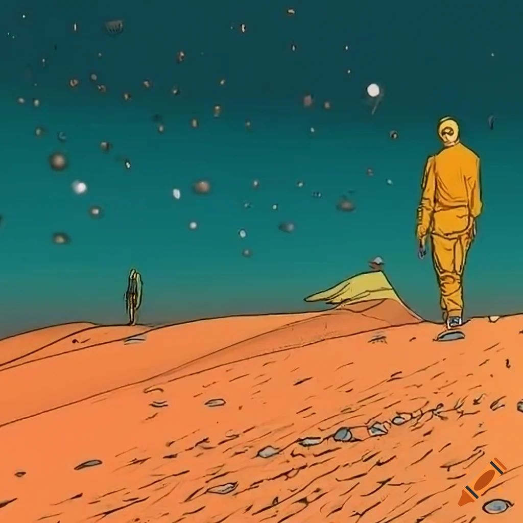 Moebius-style illustration of a man walking in the desert
