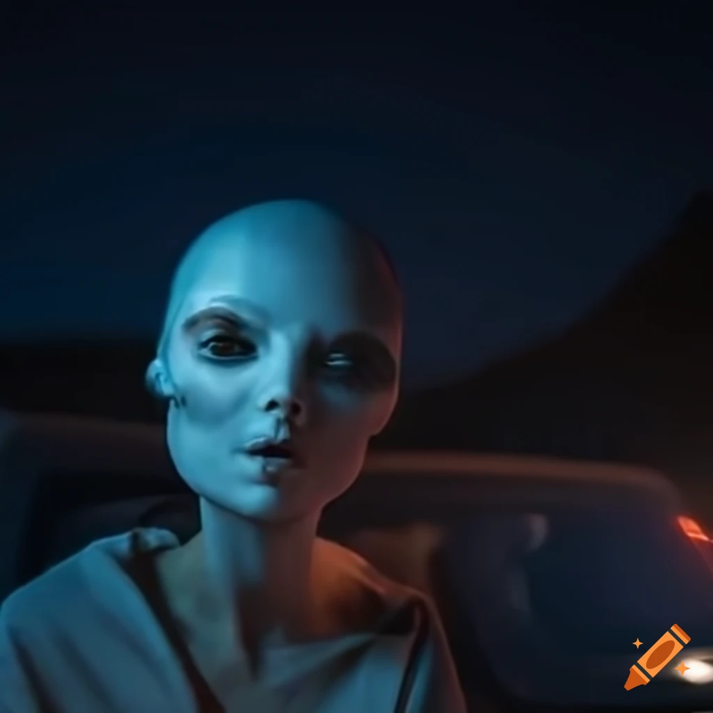 Image of a grey alien driving a pickup truck at night on Craiyon