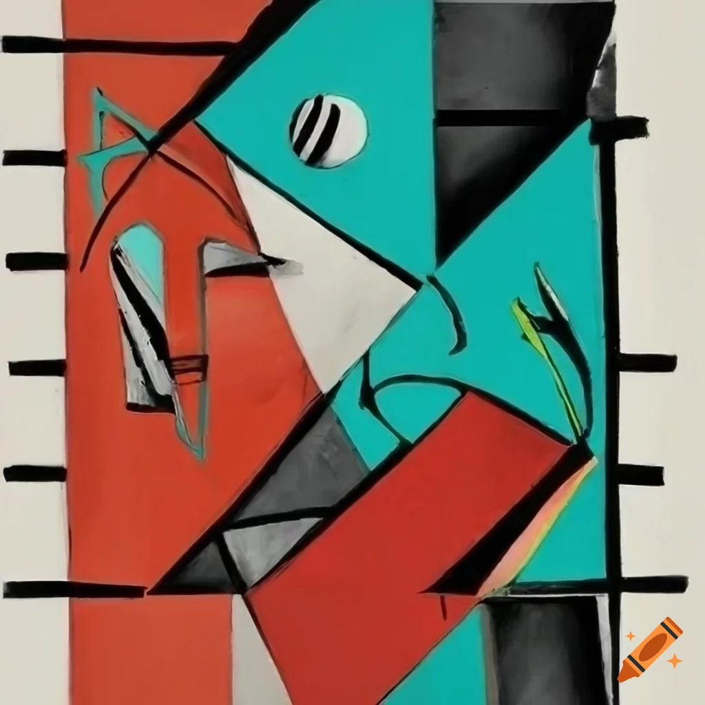 Abstract black and white cubist artwork with red, yellow, and turquoise ...