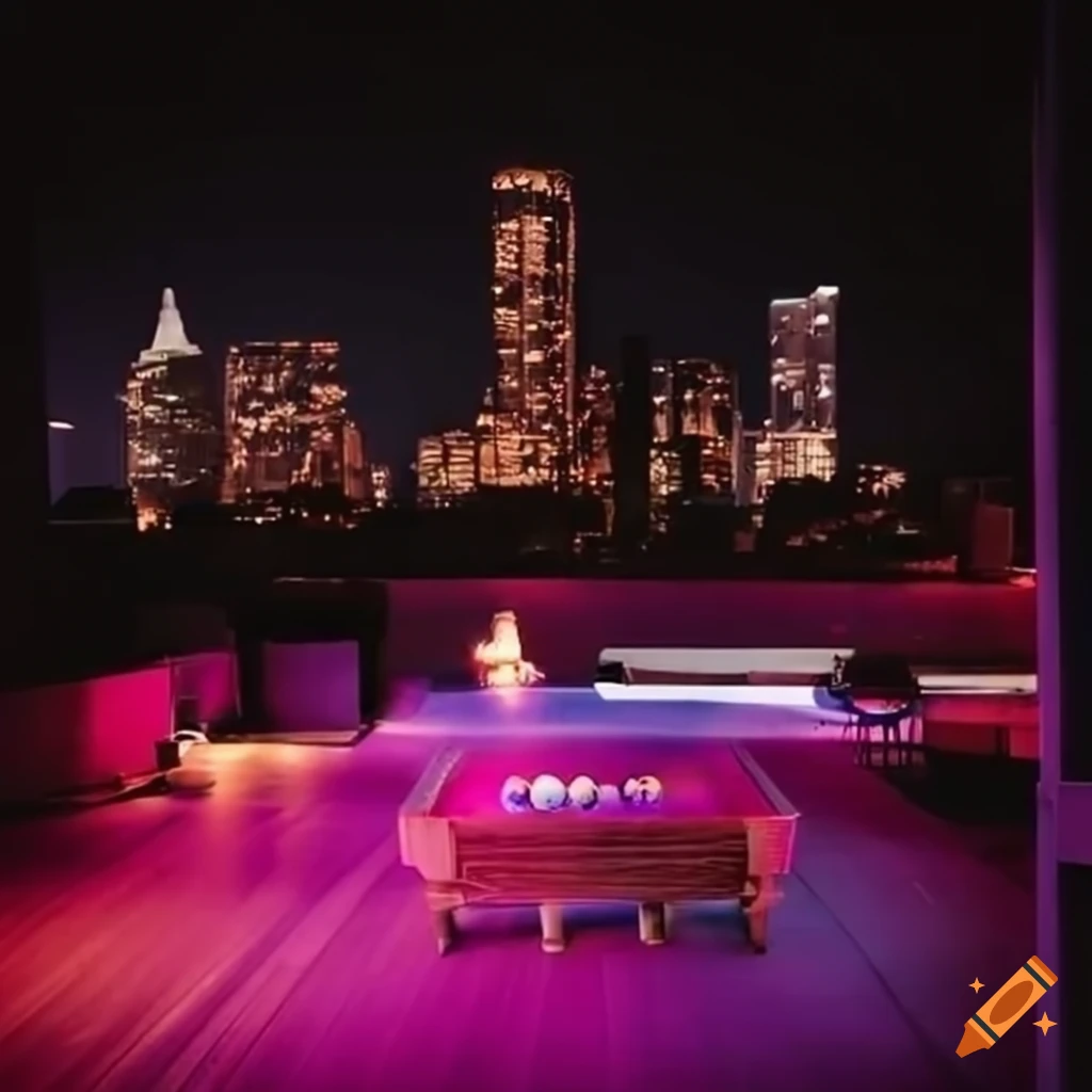 Image of a luxurious rooftop party with a pool table on Craiyon