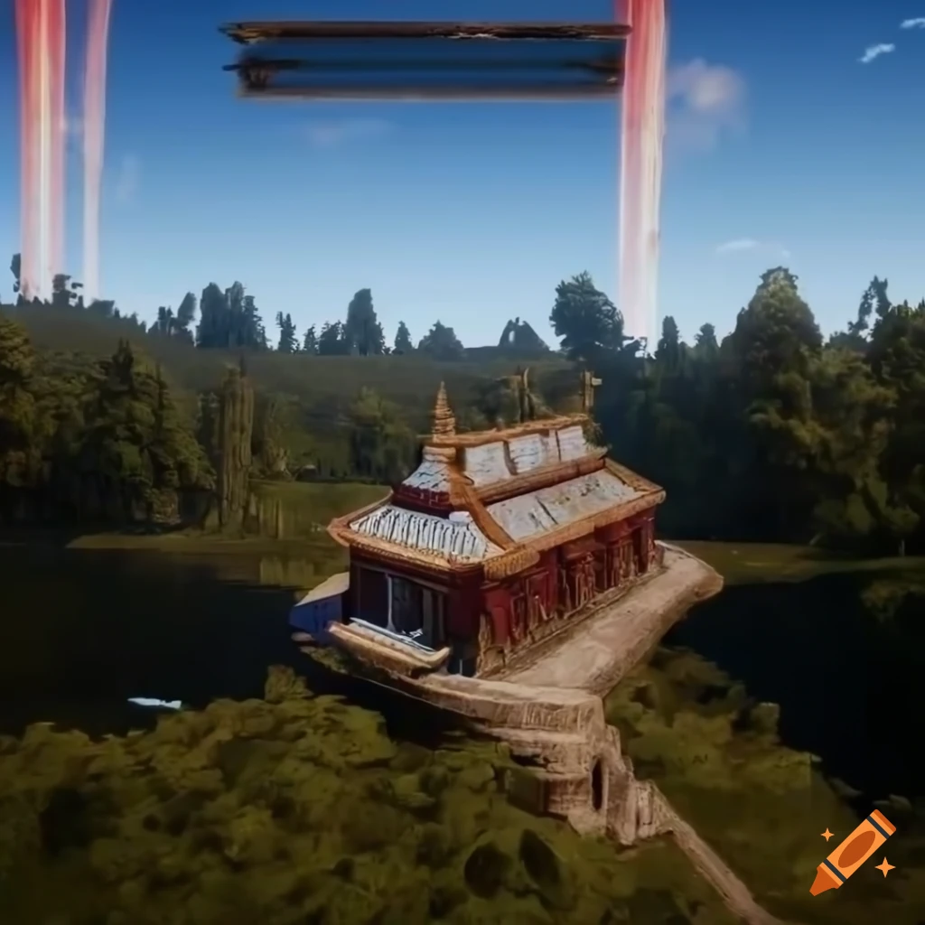 Aerial view of a golden-white-red temple in a sci-fi jungle forest
