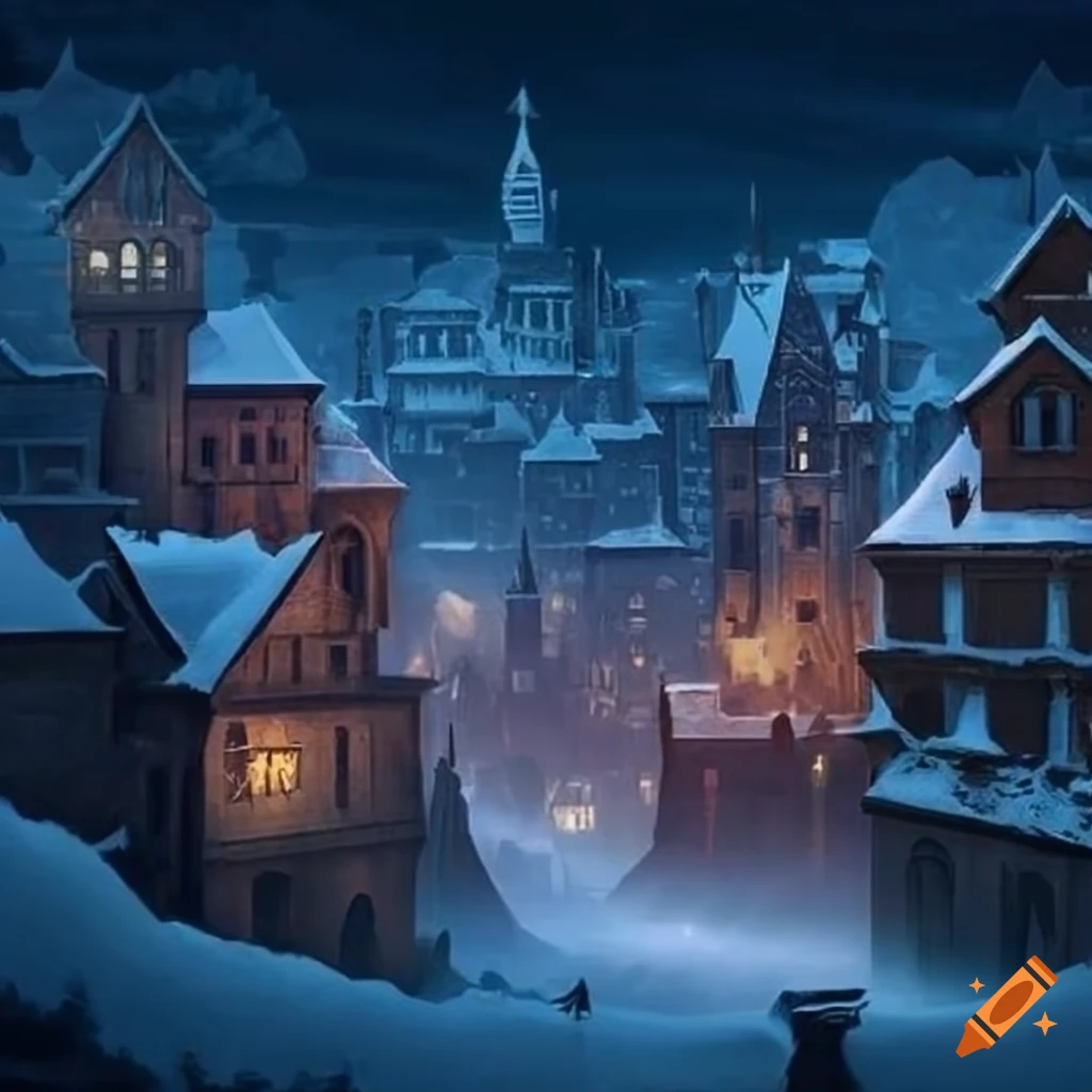 Night view of a medieval city in winter on Craiyon