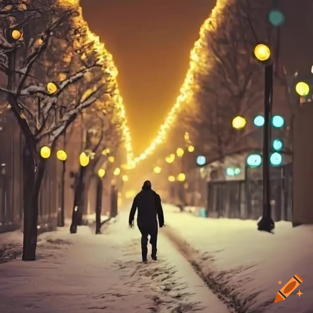 Winter cityscape with a man walking in the snow
