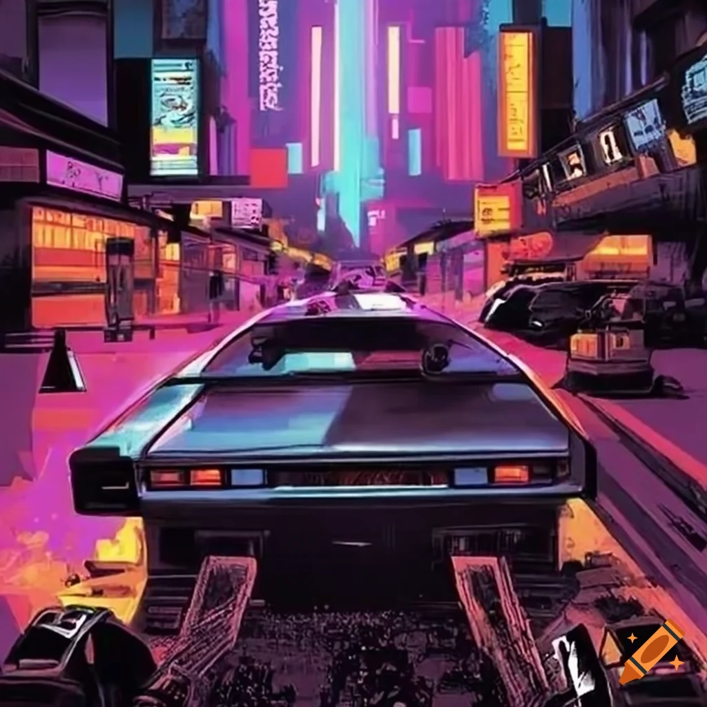 80s movie poster of cyberpunk and mad max cars