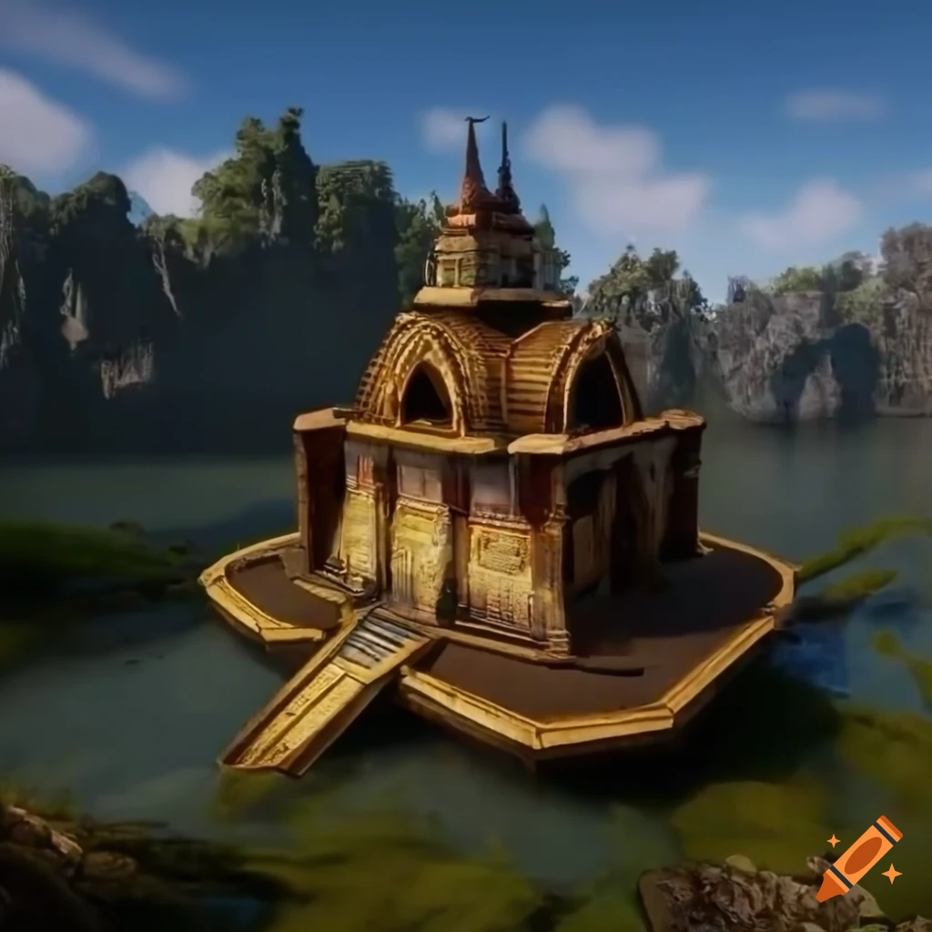 Aerial view of a golden-white-red temple in a sci-fi jungle forest on ...