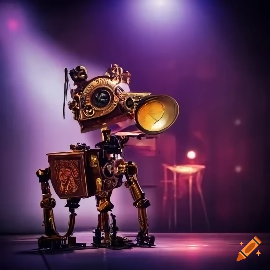 Steampunk dj robot in a vaudeville theater with a dog on Craiyon