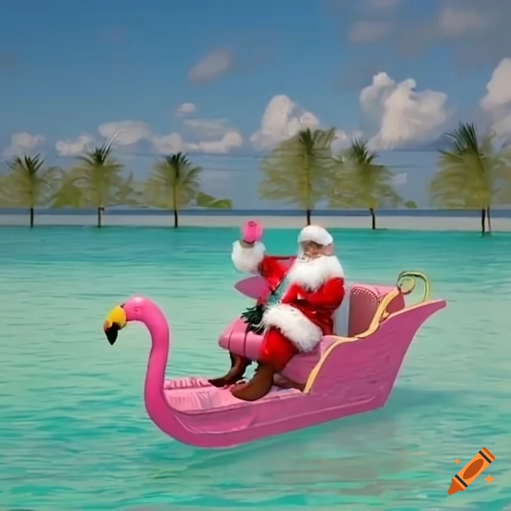 Santa claus on a pink flamingo sleigh at the beach on Craiyon