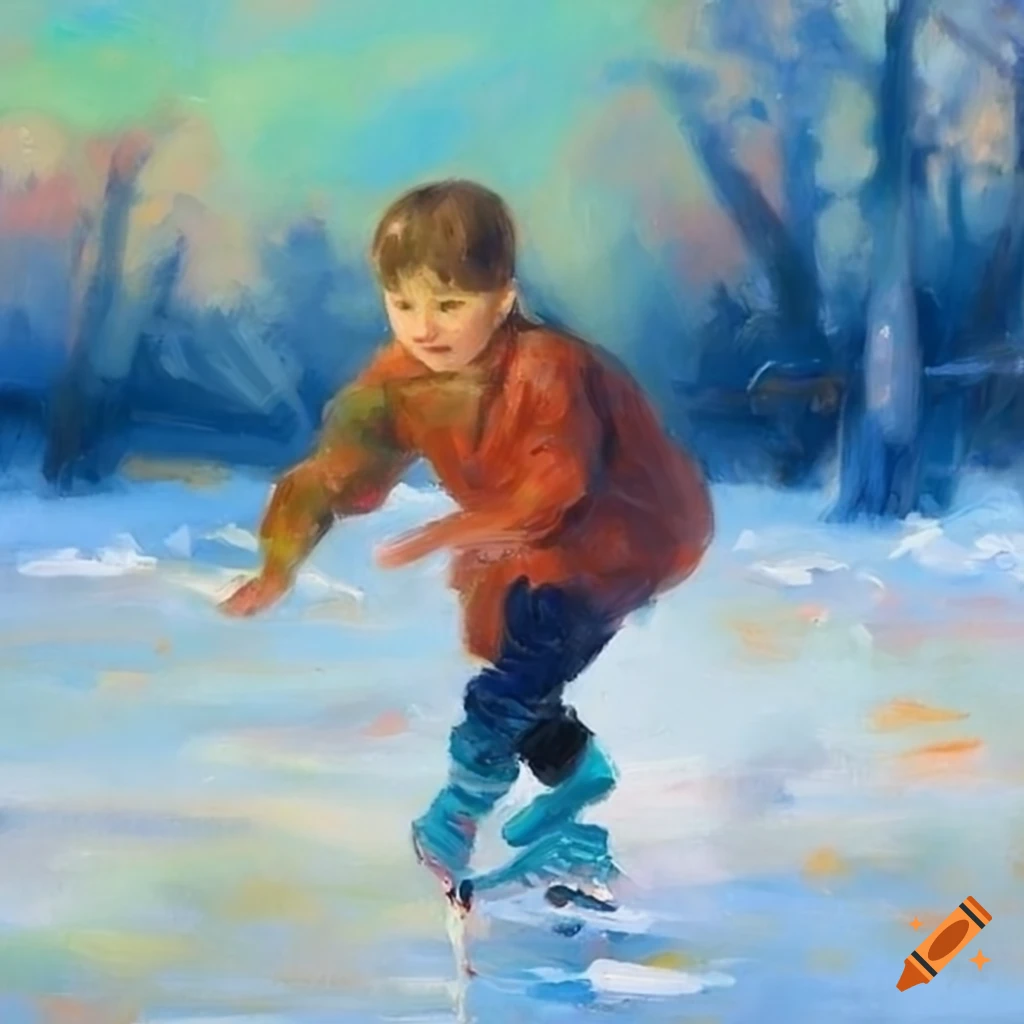Impressionist painting of kids ice skating on a pond on Craiyon