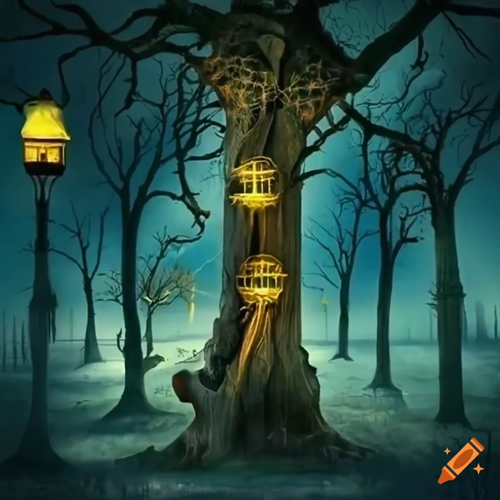 Surreal landscape with strange creatures and fantastical elements