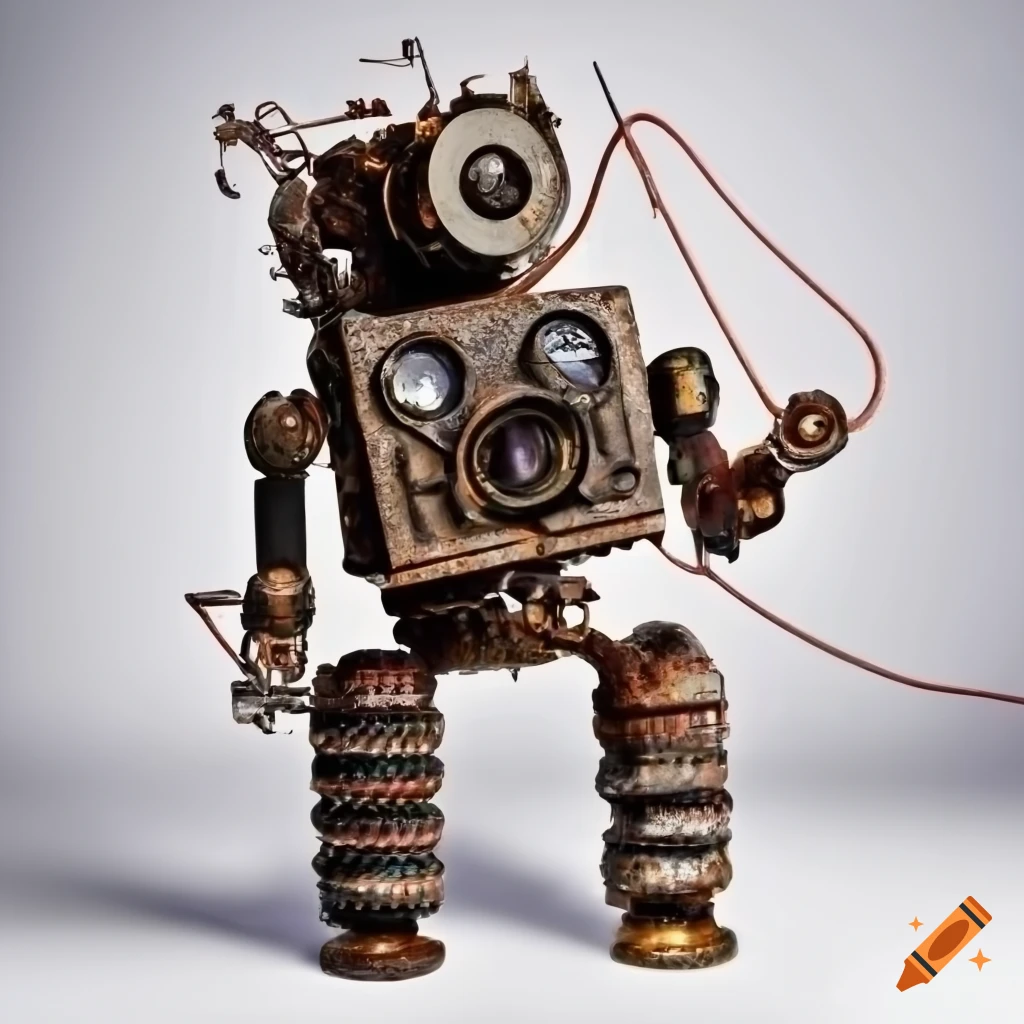 Steampunk robot made from old camera and metal parts on Craiyon
