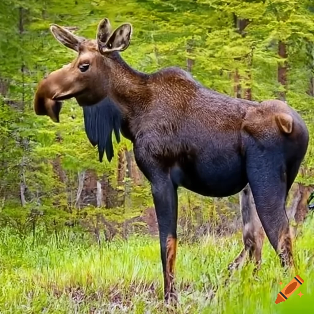 Monochrome photo of a moose with large antlers in the distant horizon ...