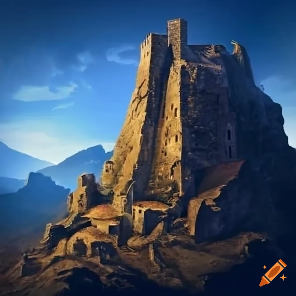 Medieval fortress on a mountain peak on Craiyon