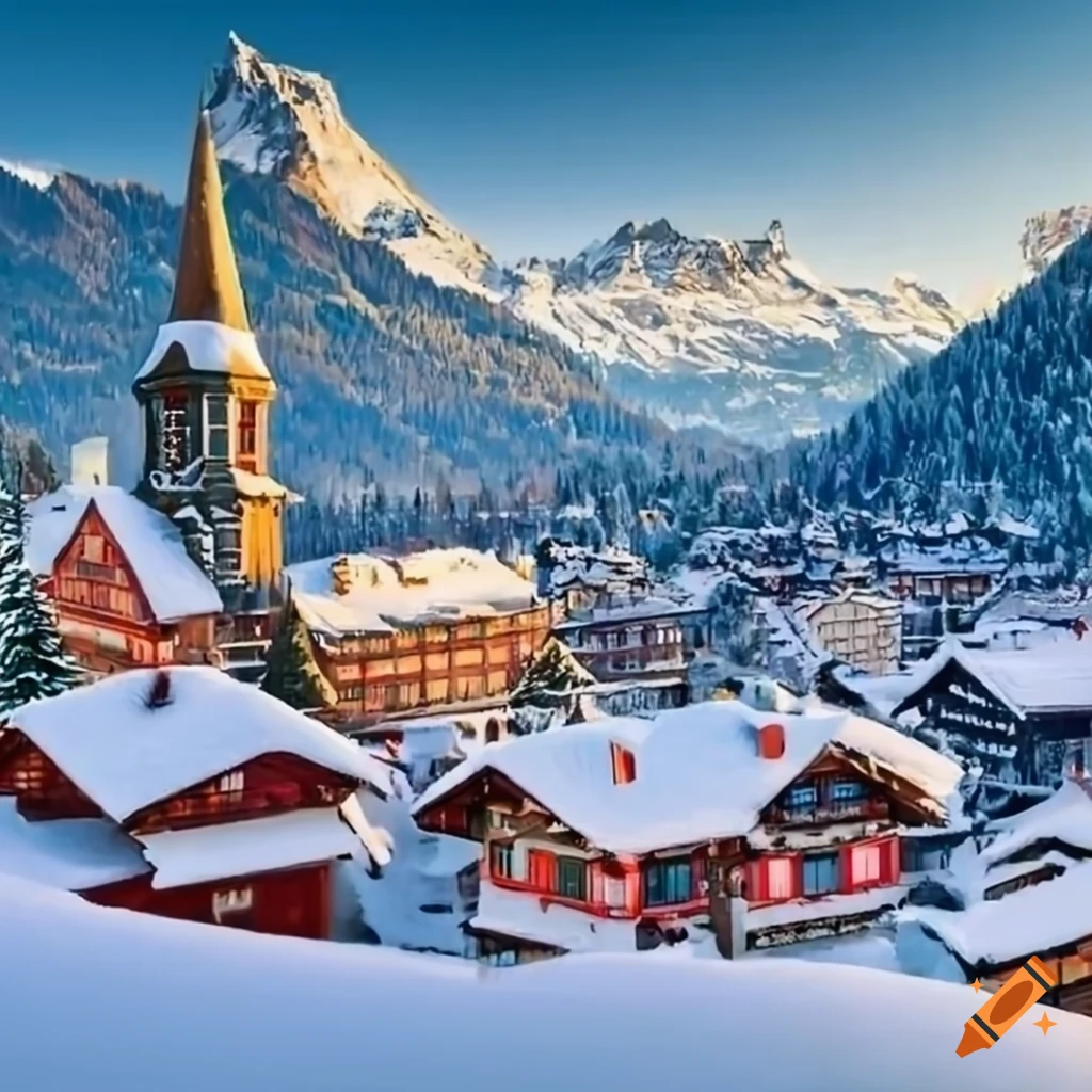 Scenic snowy swiss village in the mountains on Craiyon