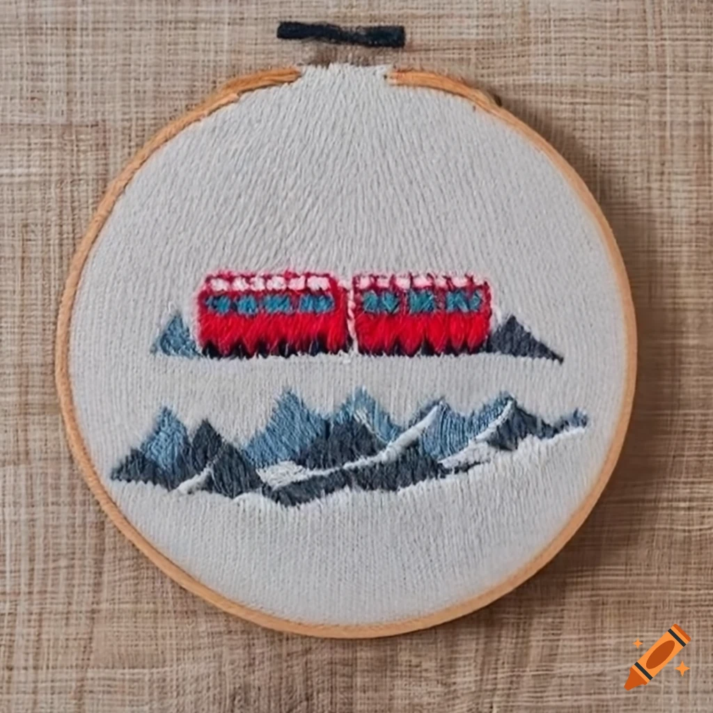 Hand embroidery pattern of snowy mountain landscape with red train on ...