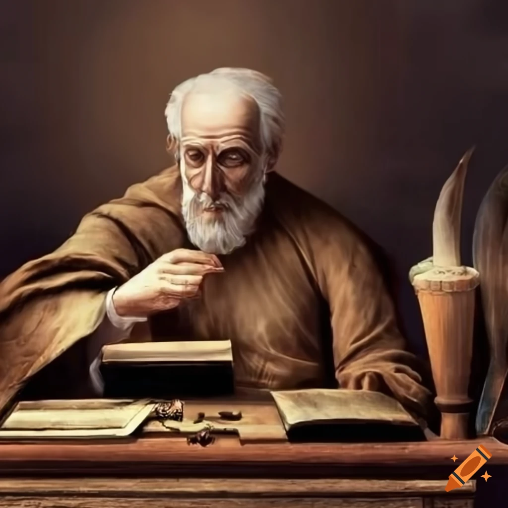 Ancient writer at a desk with scrolls and quills on Craiyon