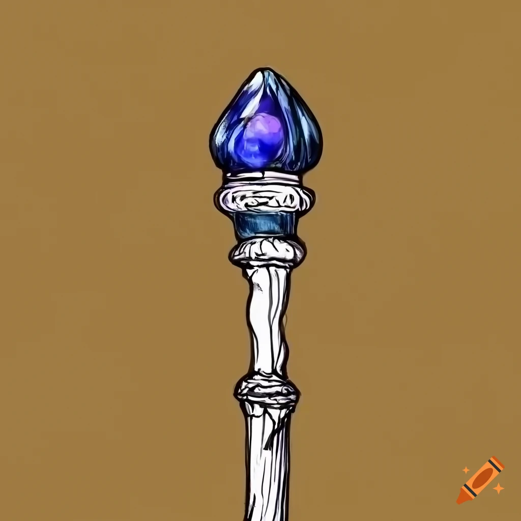 Antique-style line drawing of a metal scepter with a sapphire on Craiyon