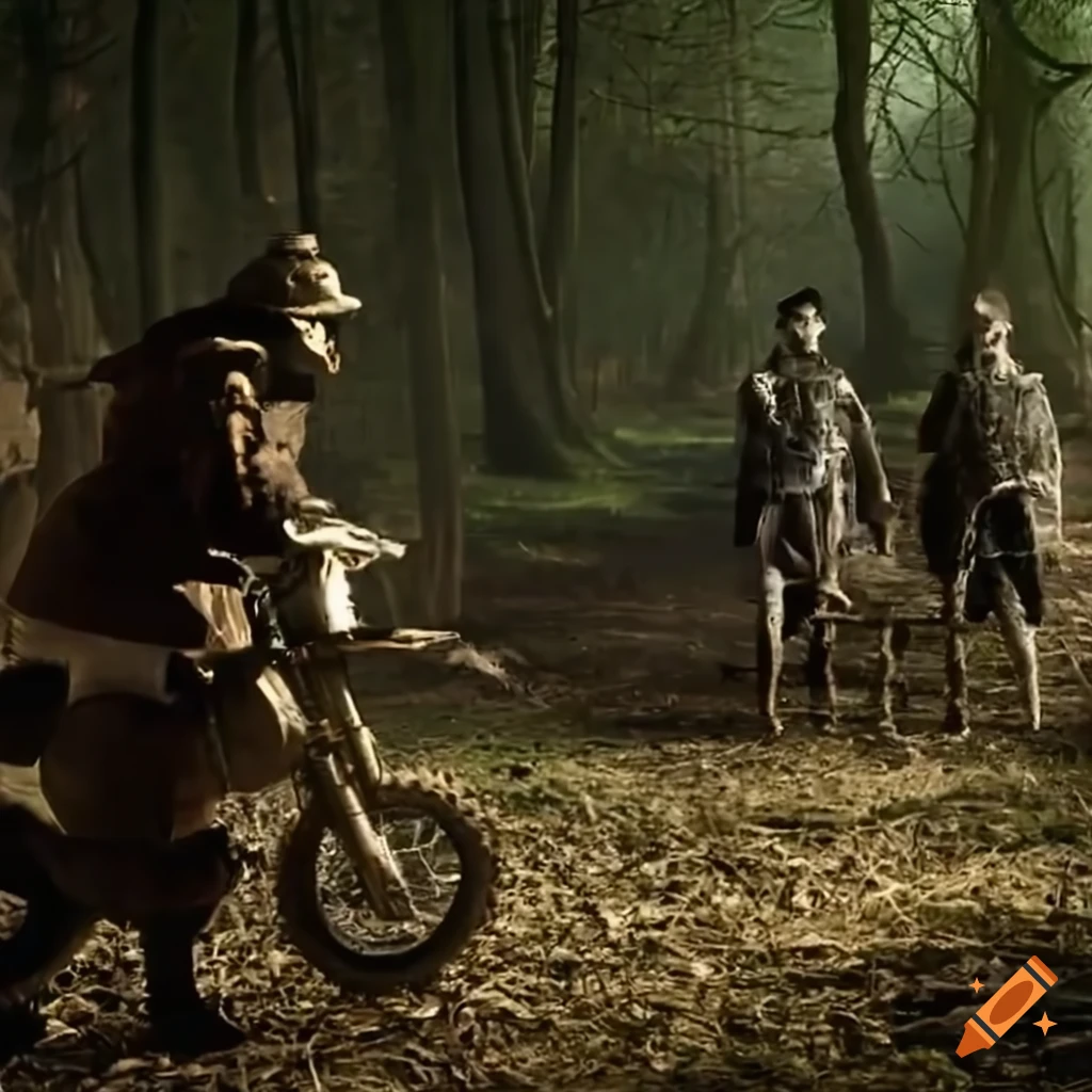 Fantasy artwork of a ranger riding a motorcross in the woods on Craiyon