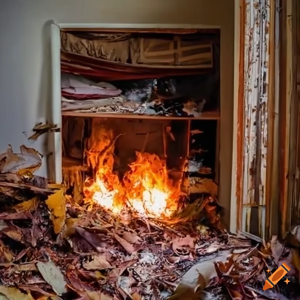Abandoned bedroom with fires burning on leaves on Craiyon
