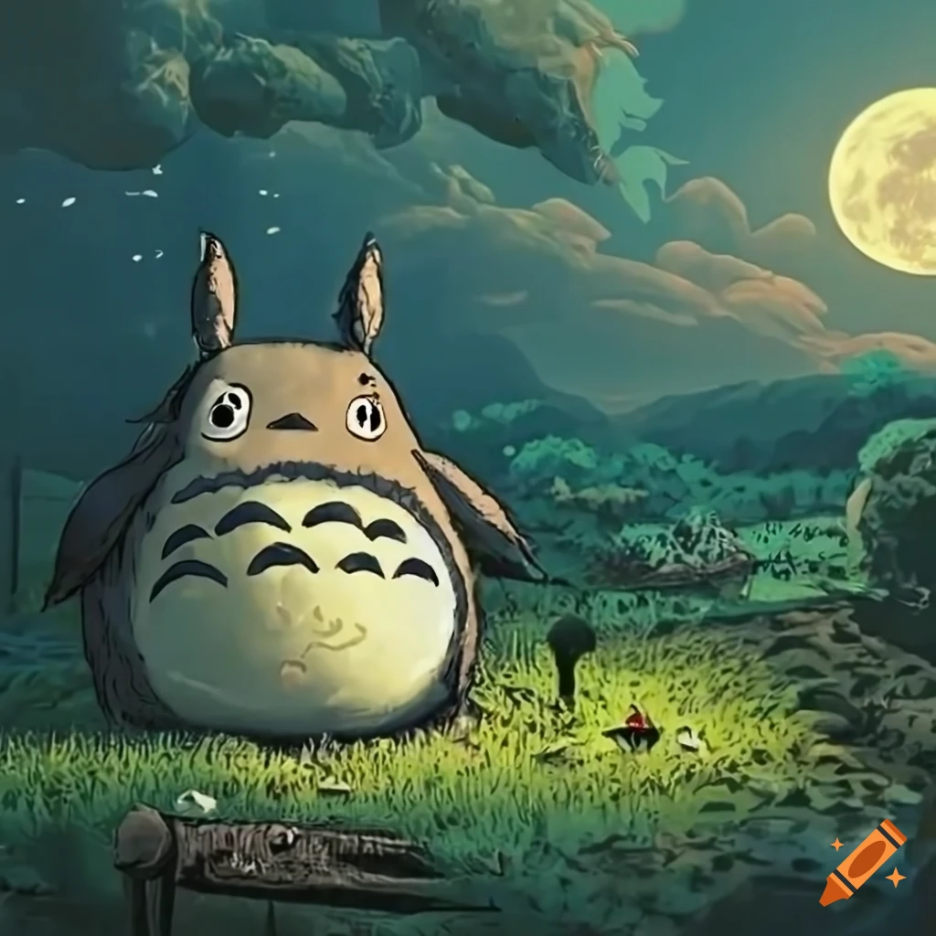 Glittery diorama representing moon meadow totoro blade runner top-down perspective