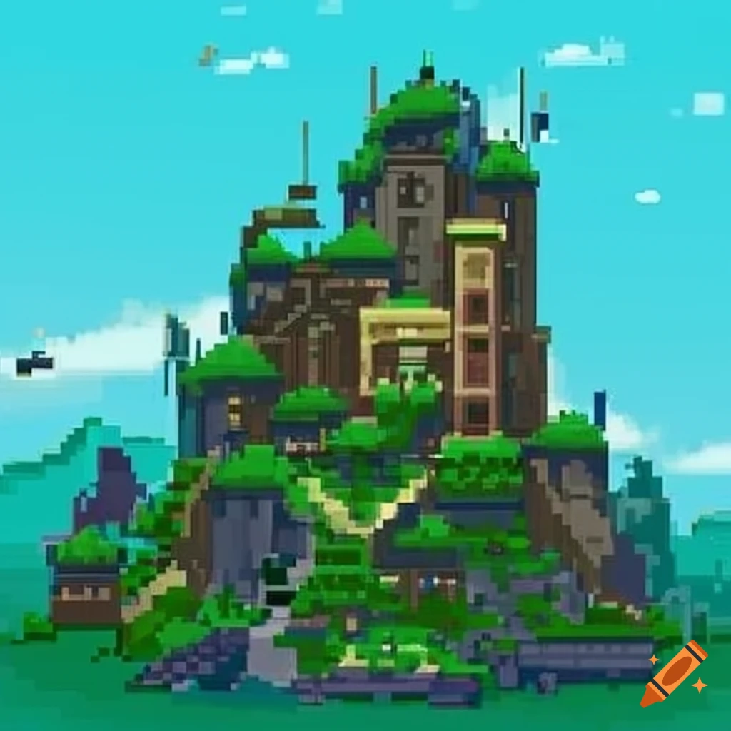 Pixel art of a green temple on Craiyon