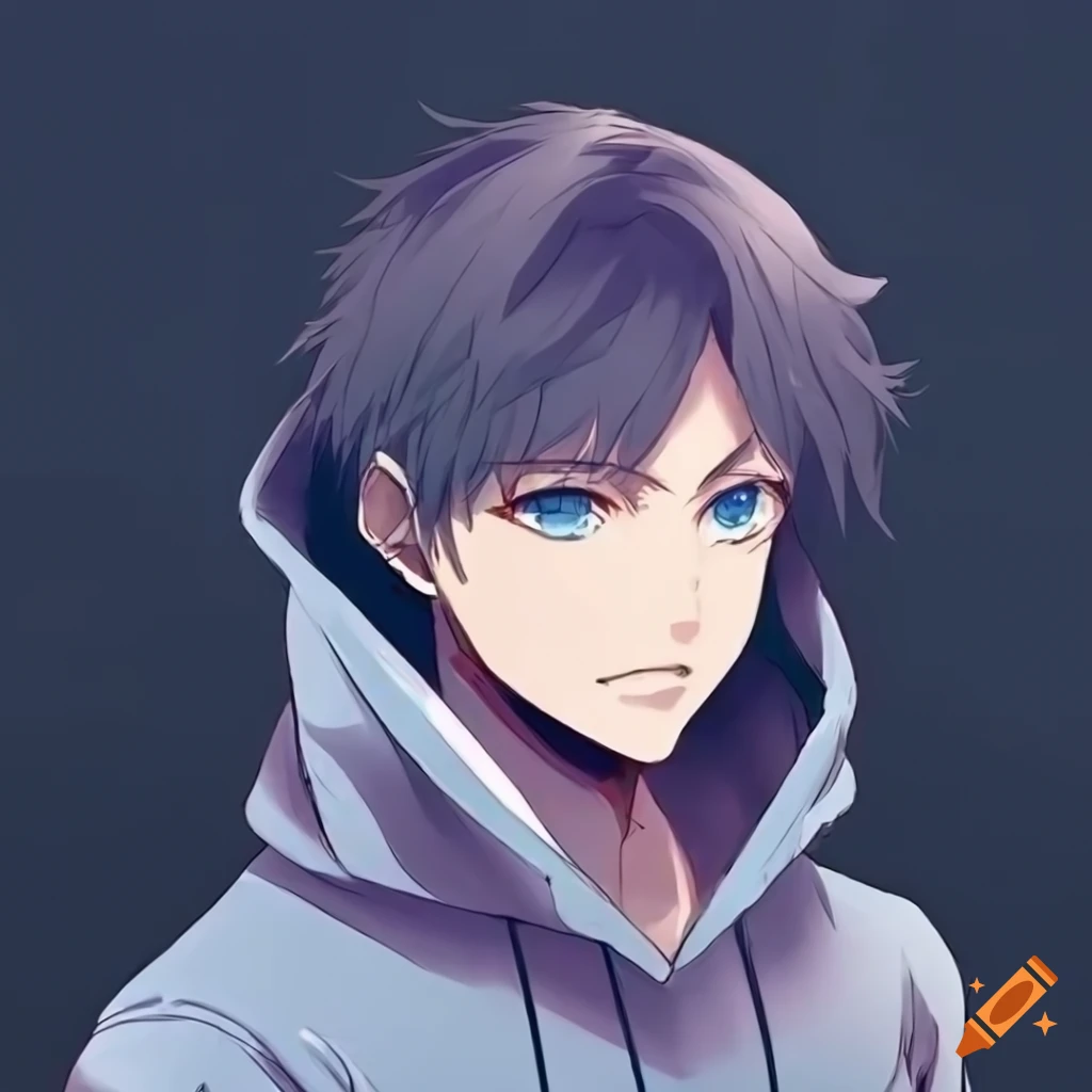 Trendy anime guy with blue eyes and hoodie on Craiyon