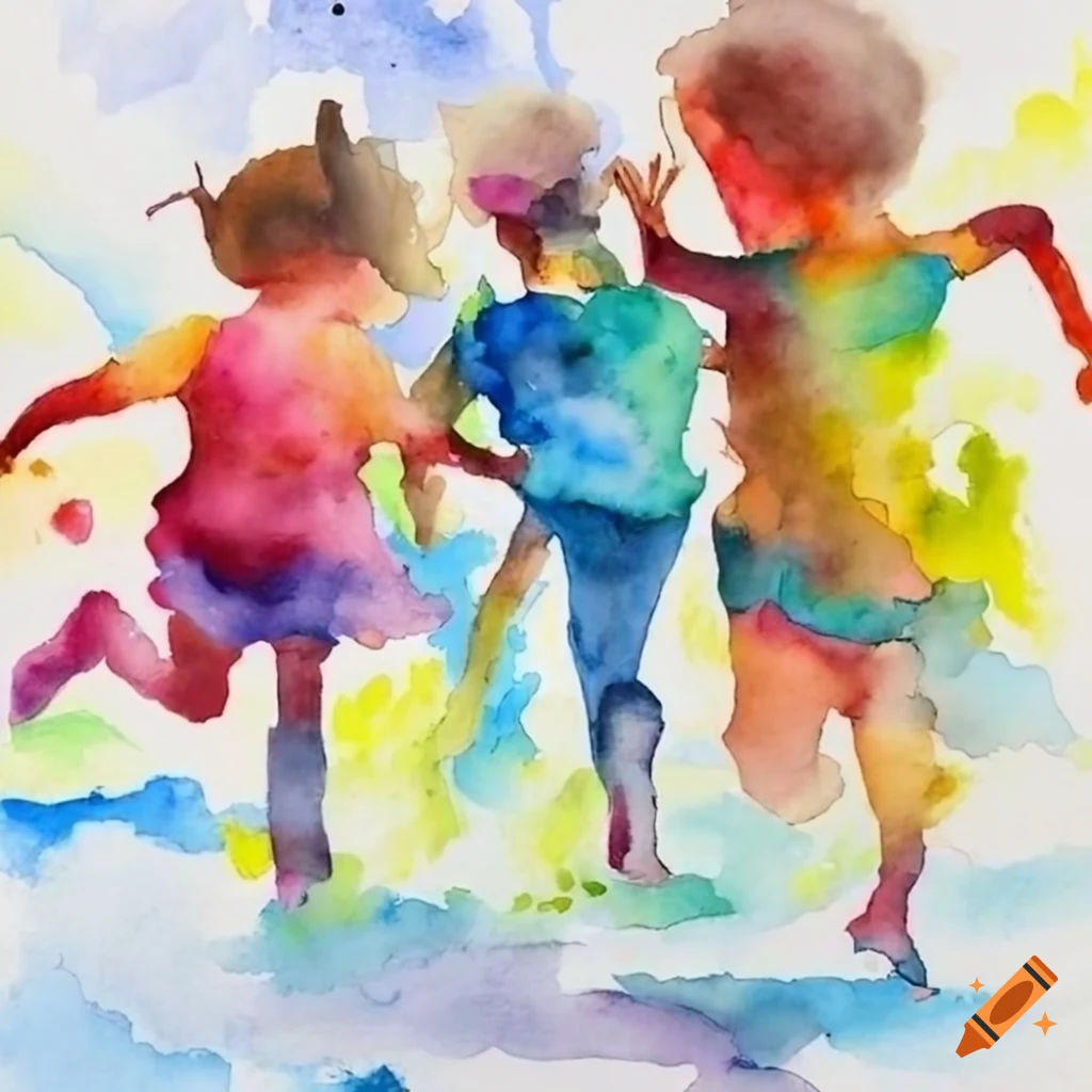 Watercolor painting of running kids
