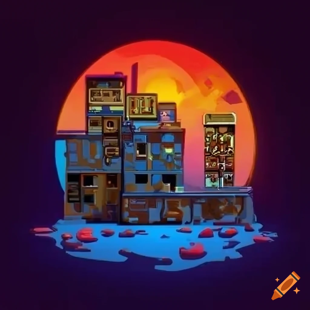 Create a vast, spacious, pastel world with pixelated, vibrant buildings ...