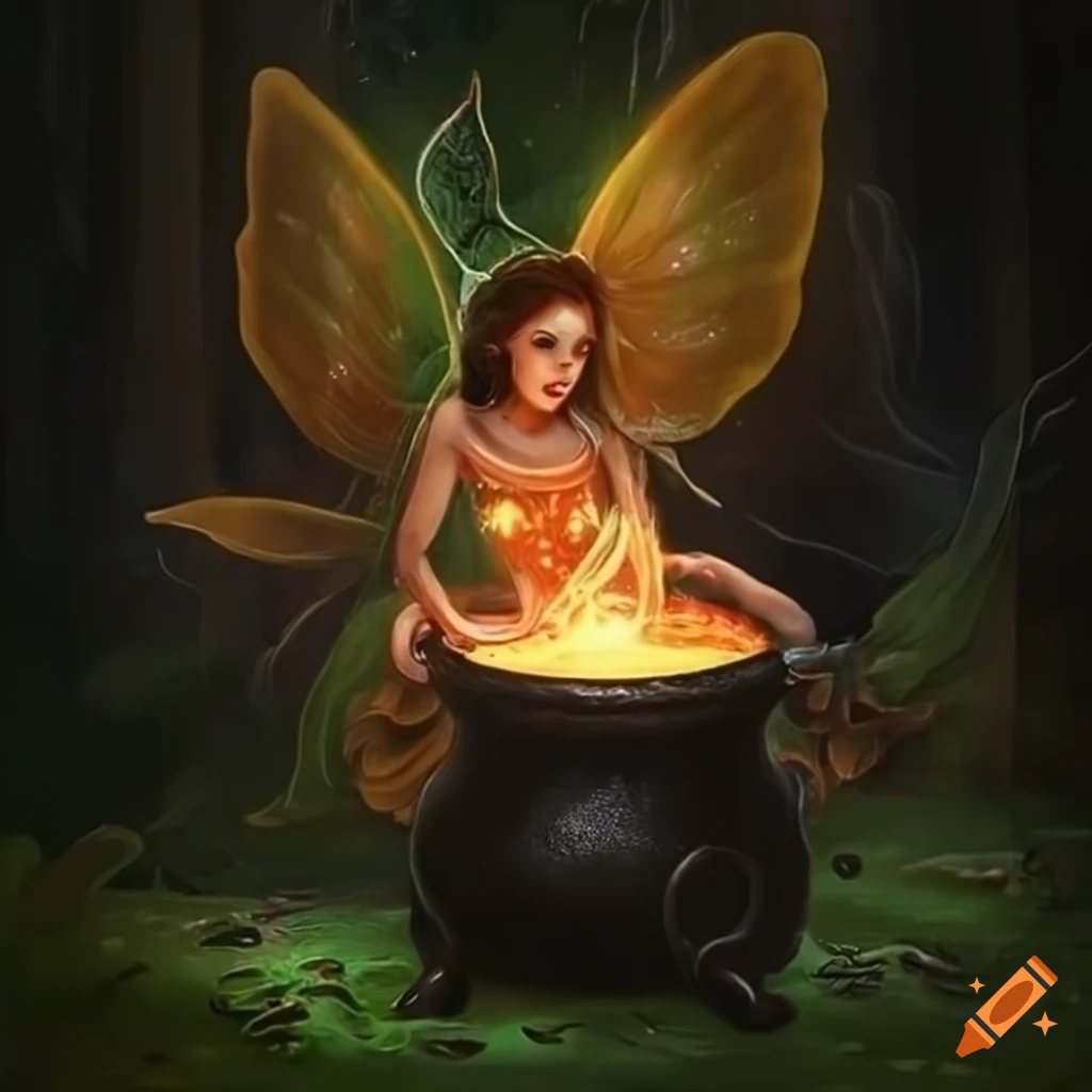 Artwork of a fairy tending a cauldron on Craiyon