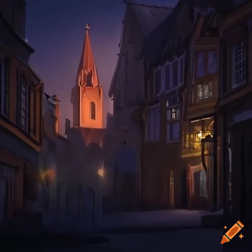 Nighttime depiction of a fantasy town center with an ominous bell tower ...