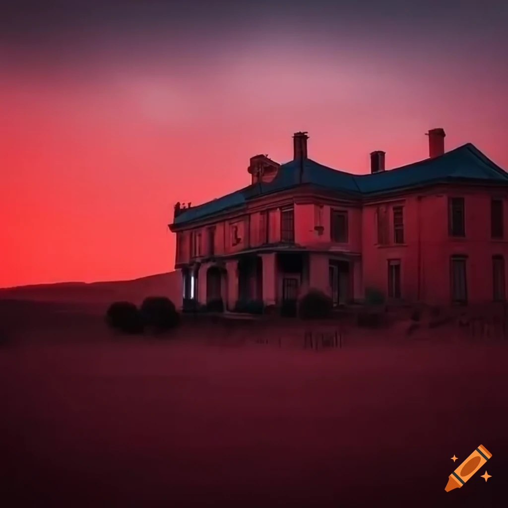 Eerie red desert landscape with a 19th century mansion on Craiyon