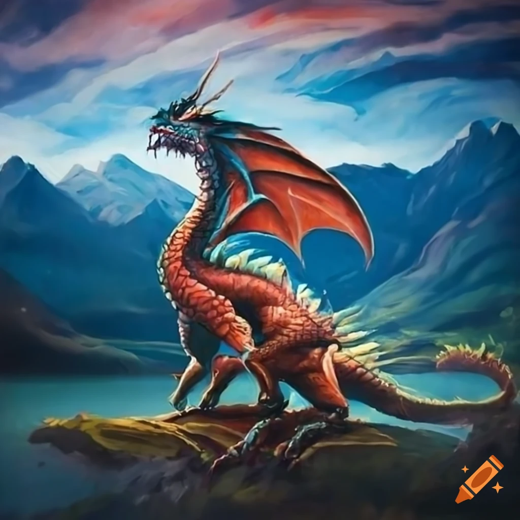 Palate painting of a dragon in front of mountains on Craiyon