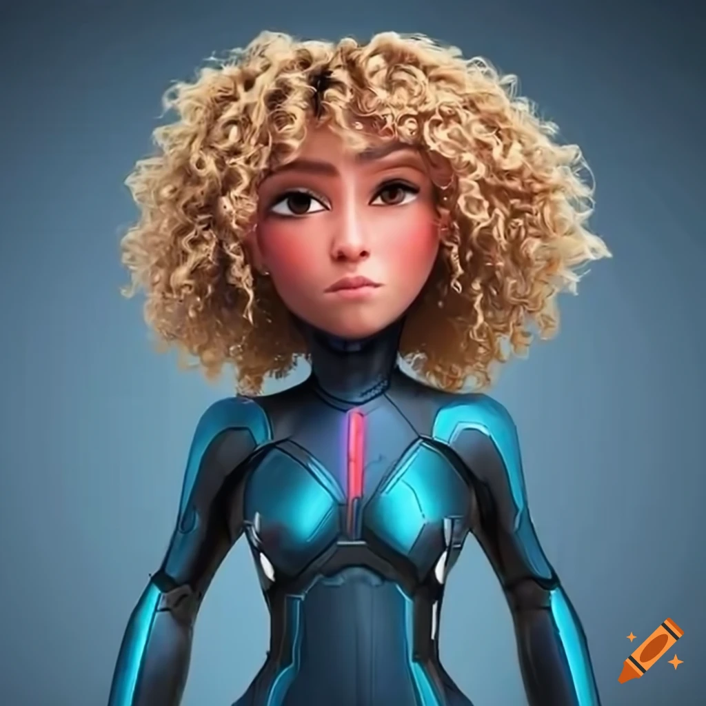 Stylish woman in futuristic tech suit with curly hair on Craiyon