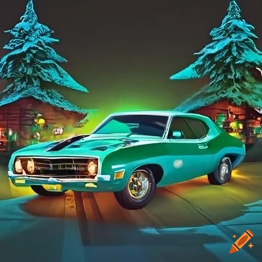 Santa driving a green 1970 ford torino