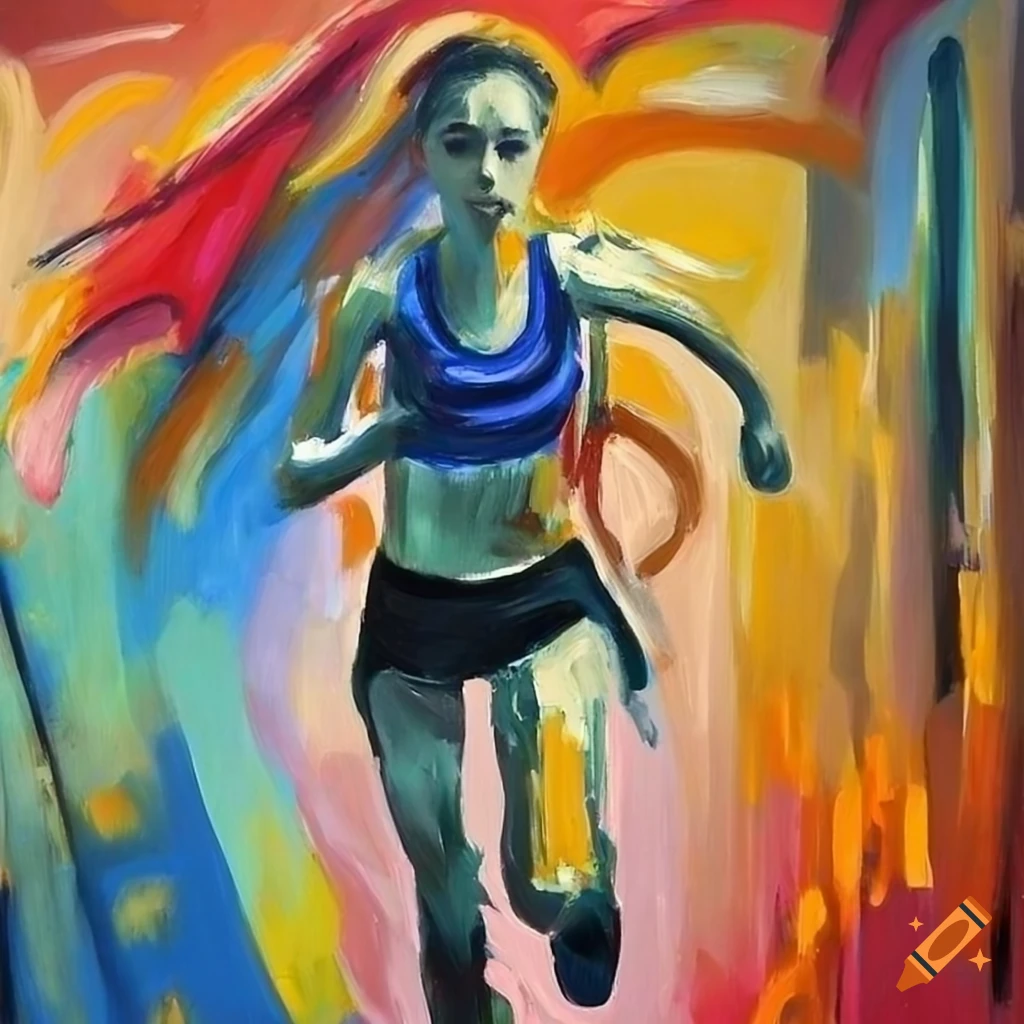 Matisse-style oil painting of a female cross-country runner in the city ...