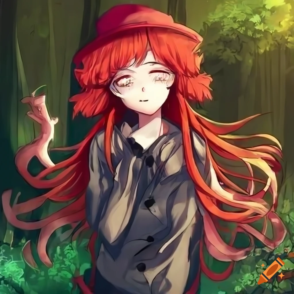 Anime clown girl with red hat in a forest on Craiyon