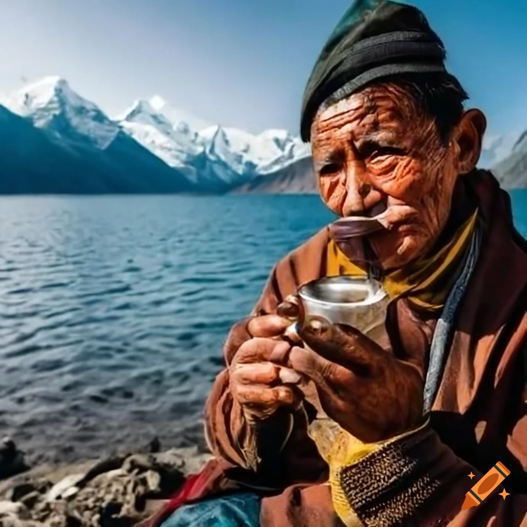 Man enjoying Nepali tea with Mount Everest in the background on Craiyon