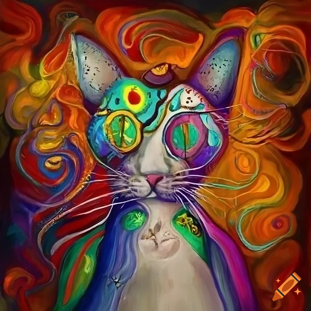 Surreal painting of a cat with hippie vibes