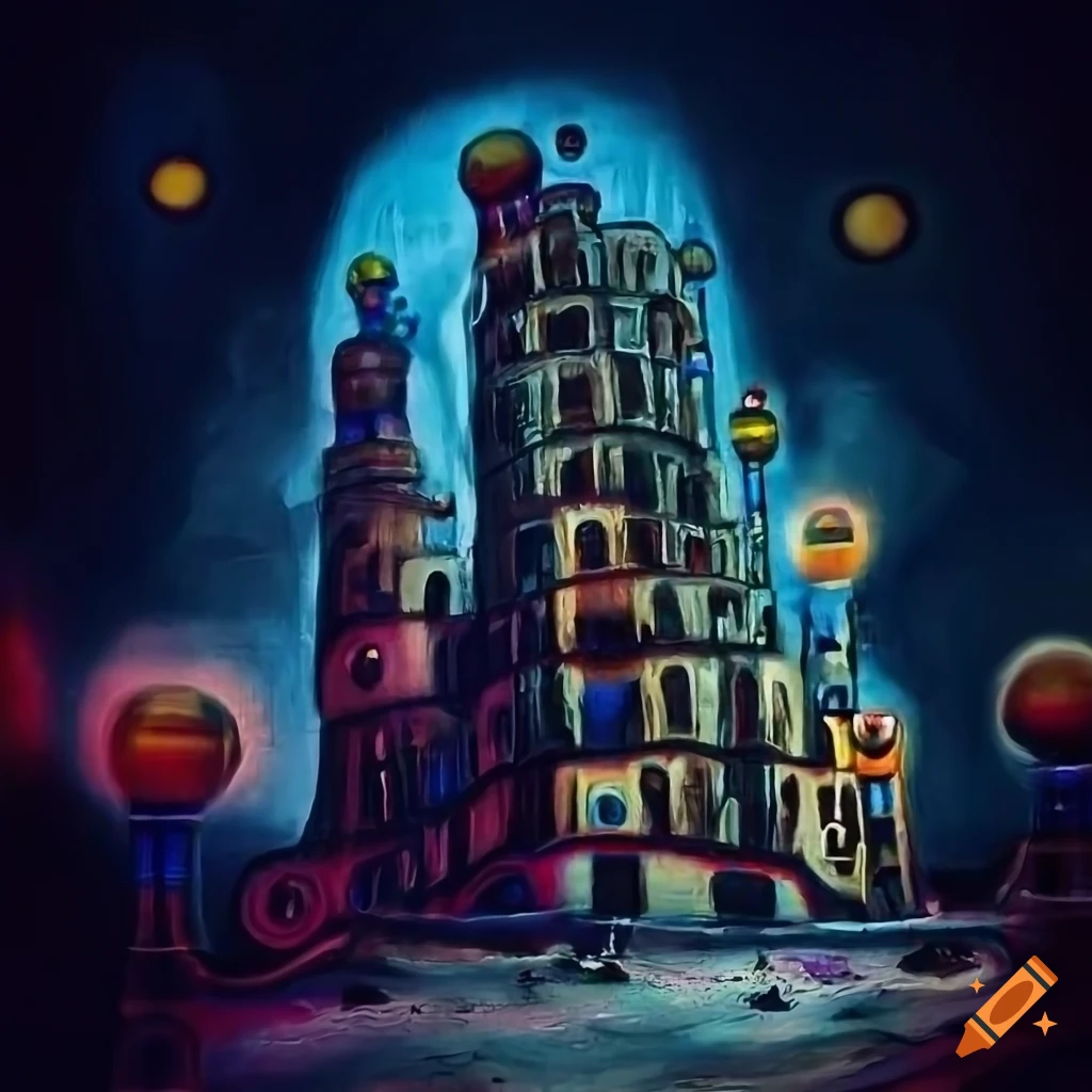 Dystopian street art painting with futuristic tower on Craiyon