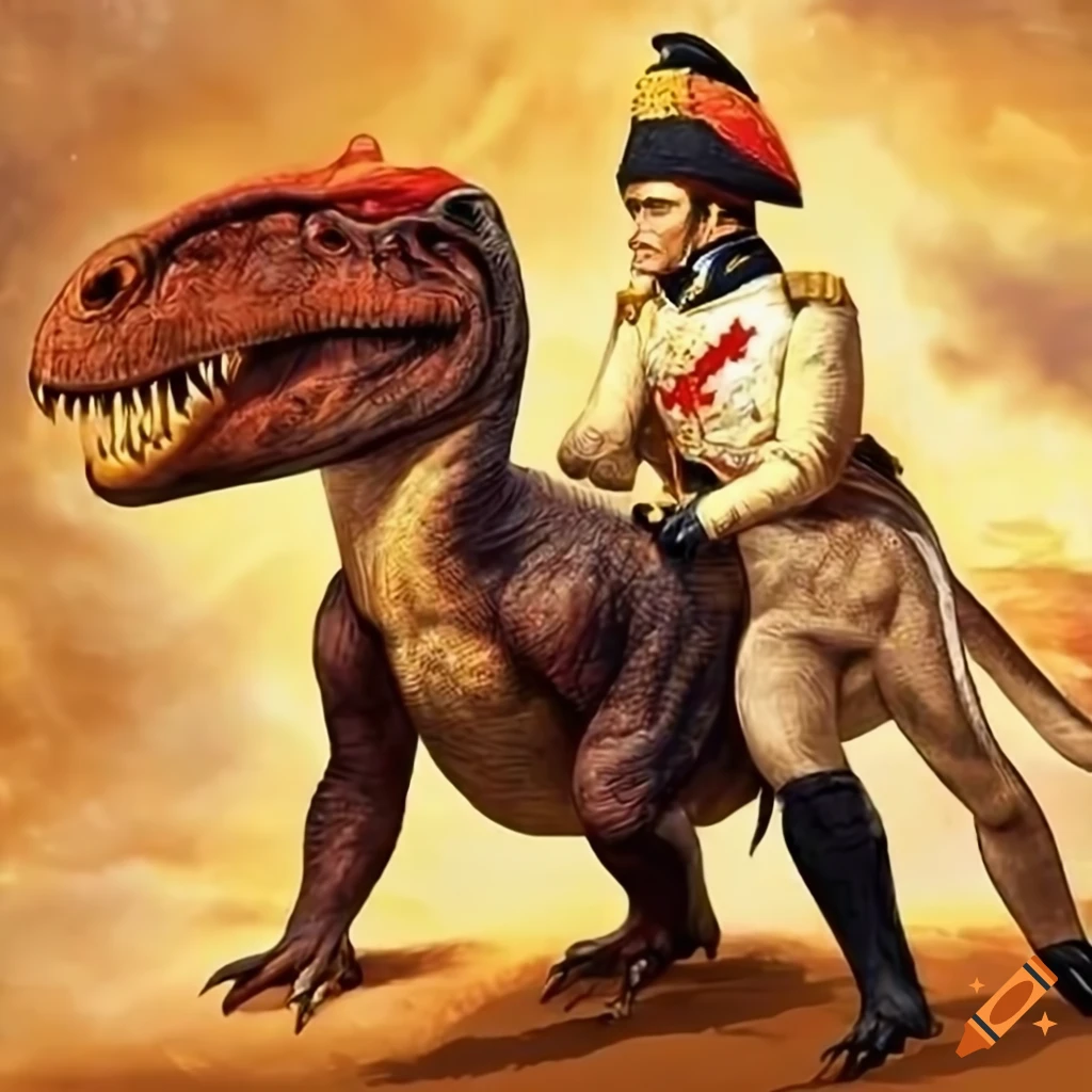 Humorous artwork of napoleon bonaparte battling a dinosaur on Craiyon