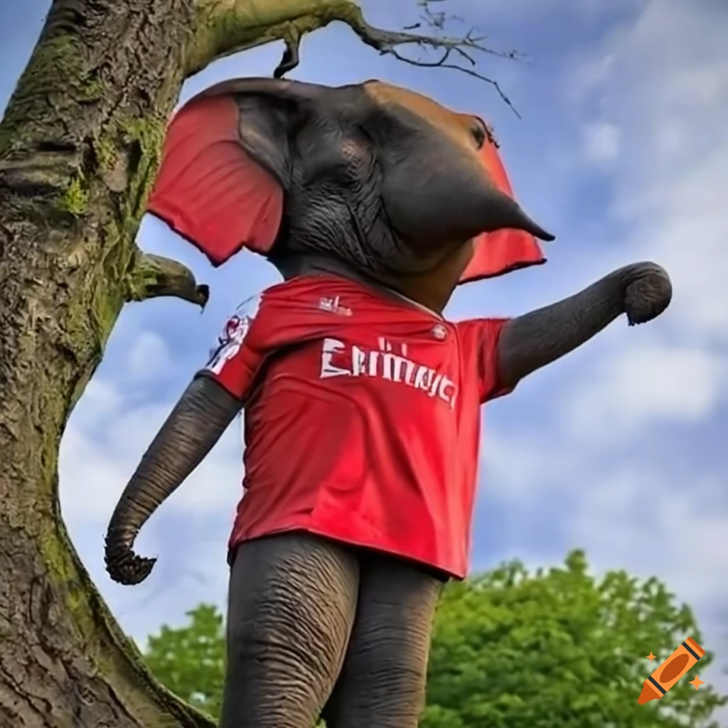 Elephant in Arsenal football shirt on a tree, cheering fans below on ...