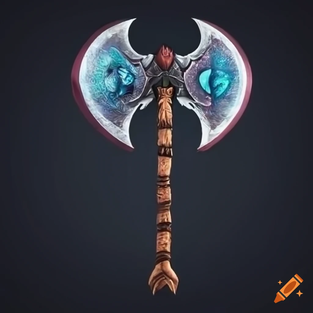 Intricately designed double-headed axe with a sunset theme on Craiyon
