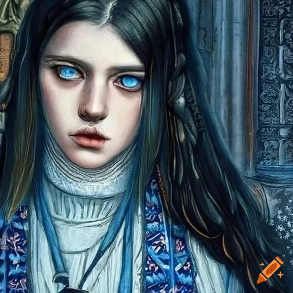 Illustration of a beautiful androgynous figure in blue clothing on Craiyon