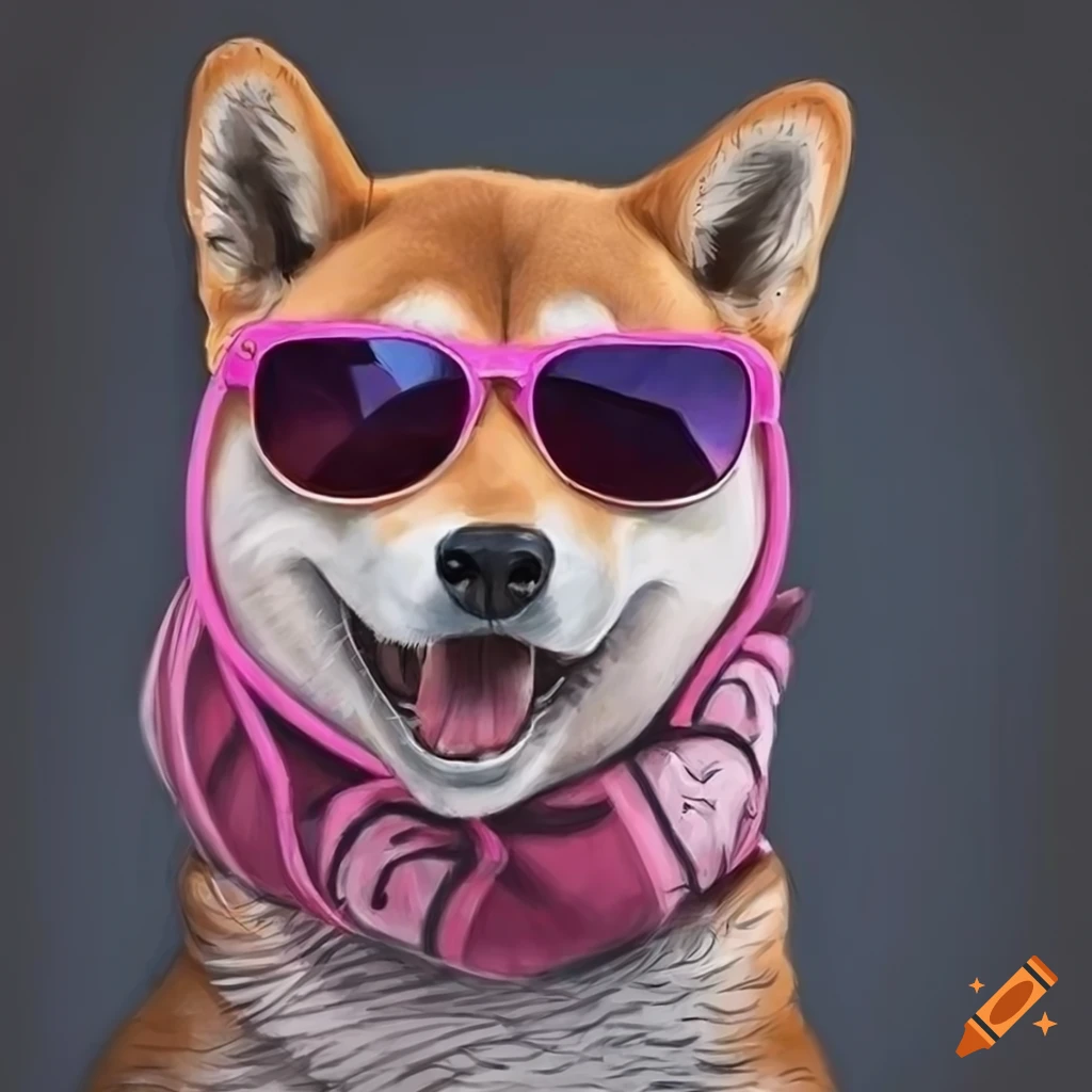 Portrait Drawing Of A Shiba Inu Wearing Sunglasses And Scarf