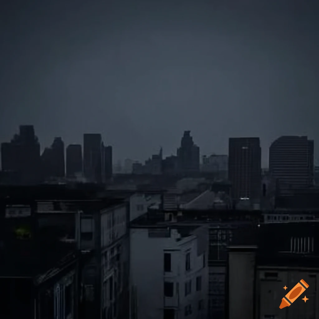 View of a city skyline from ground level at night on Craiyon